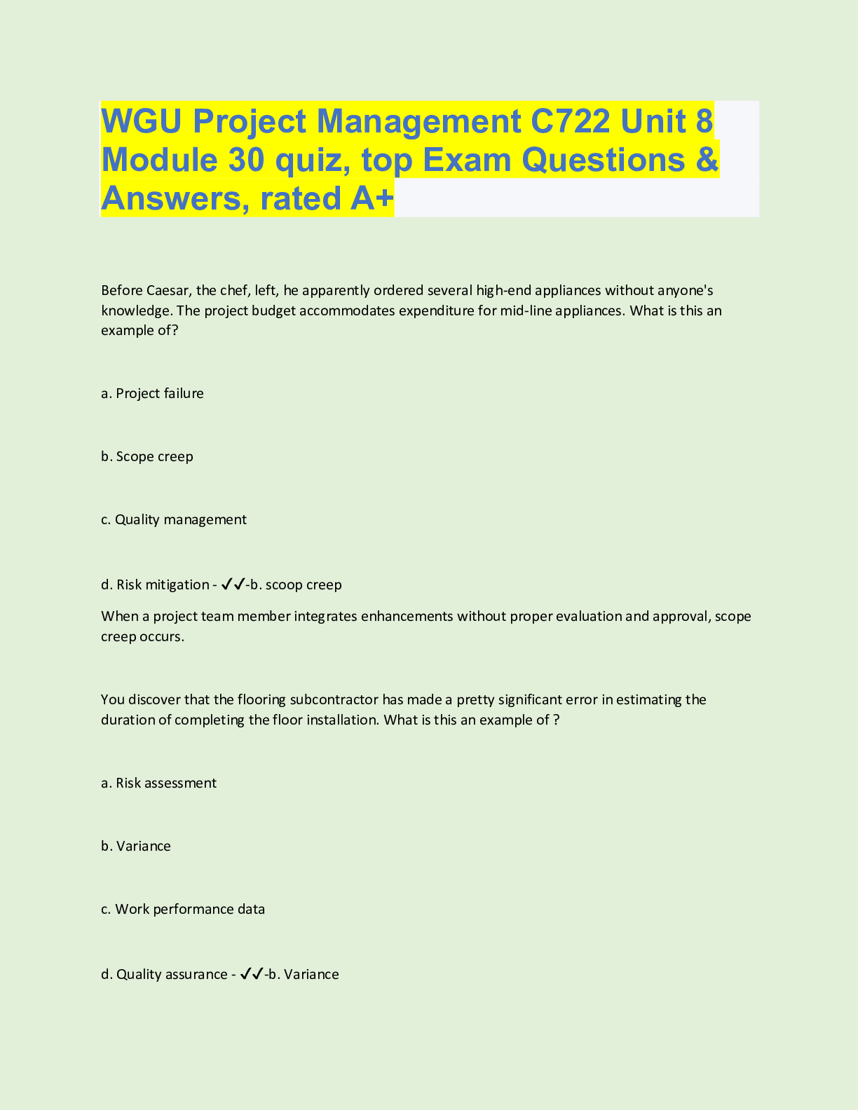 WGU Project Management C722 Unit 8 Module 30 quiz, top Exam Questions & Answers, rated A+ ...